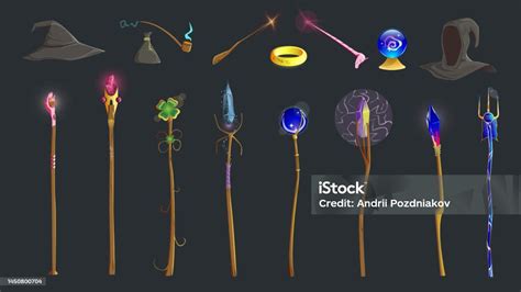 마법 아이템 마법사 및 마법사 장비 마법과 주문이 있는 마법 지팡이 조명 효과 번개 에너지 게임 인벤토리 유형 모자 케이프 후드 파우치가 달린 파이프 Vfx 벡터 그림입니다