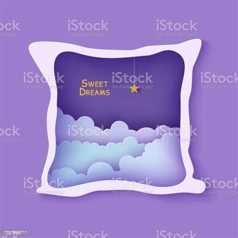 종이 컷 스타일로 밧줄에 금별베개와 같은 밤 하늘 구름 프레임 보라색 파란색 그라데이션 흐린 풍경 종이 컷 아트와 3d 배경을 잘라 소원 달콤한 꿈 좋은 밤을위한 벡터 카드