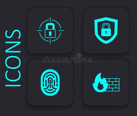 Set Firewall Security Wall Lock Shield With Lock And Fingerprint Icon Black Square Button