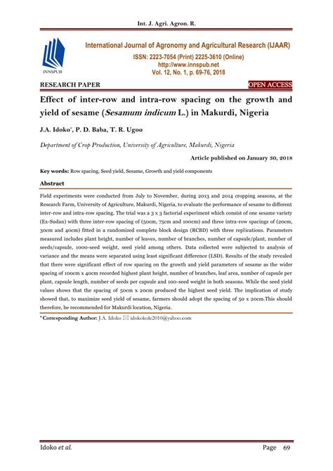 Pdf Effect Of Inter Row And Intra Row Spacing On The Growth And Yield
