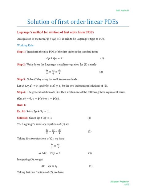 Solution Of First Order Linear Pde Pdf Partial Differential