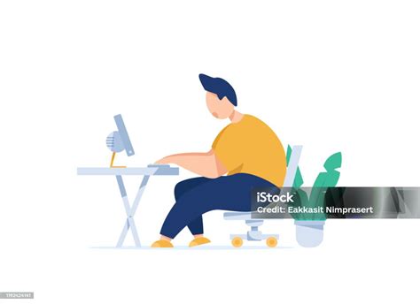 젊은 남자 프로그래머 프리랜서 작업 온라인 앉아 에 안락 의자 에 사무실 에 이 컴퓨터 경영자에 대한 스톡 벡터 아트 및 기타