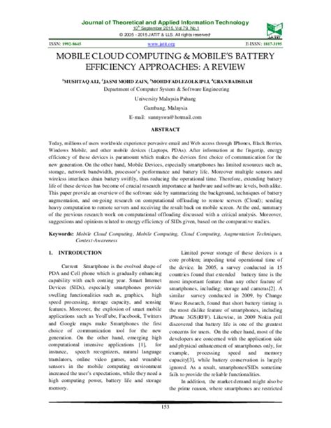 Pdf Mobile Cloud Computing And Mobiles Battery Efficiency Approaches A Review