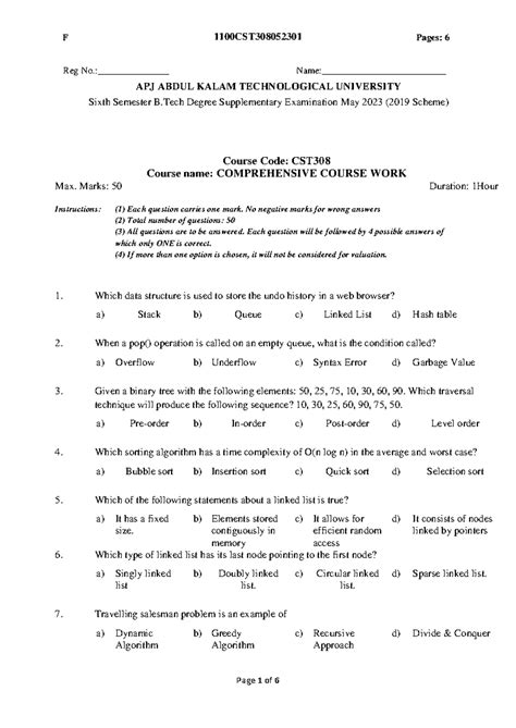 6 Cst308 Qp May 23 Question Paper 1100cst Course Code Cst 308 Course Name Comprehensive