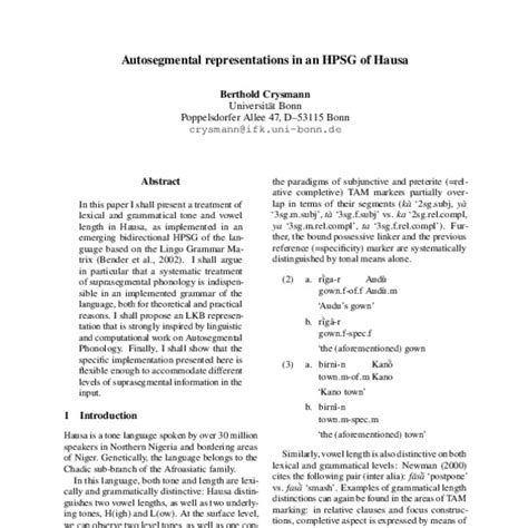 Autosegmental Representations In An Hpsg Of Hausa Acl Anthology