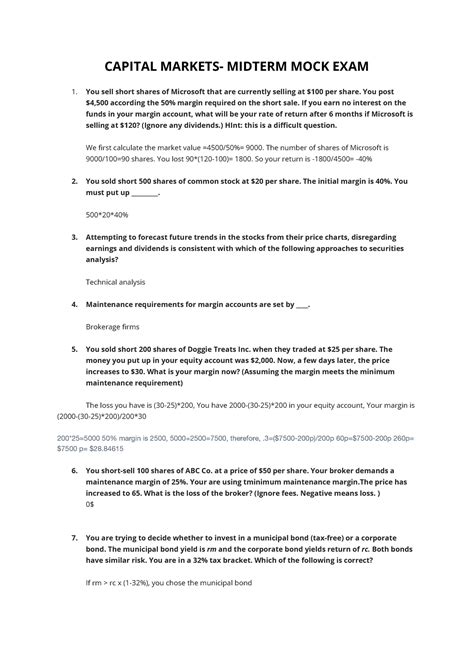 Capital Markets Midterm MOCK EXAM CAPITAL MARKETS MIDTERM MOCK EXAM You Sell Short Shares Of