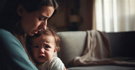 El Niño Está Llorando En La Habitación En Los Brazos De Su Madre Una