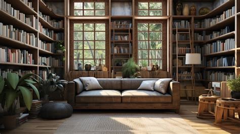 Premium Photo Reading Room With Sofa And Library