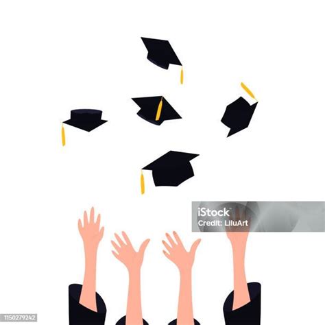 졸업생은 공기에 술과 졸업 모자를 던지고 대학 행사 개념입니다 졸업식에 대한 스톡 벡터 아트 및 기타 이미지 졸업식 교실 날기 Istock
