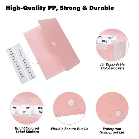 Pink File Folder 13 Pockets Accordion File Organizer Large Capacity File Folders For Letter Size