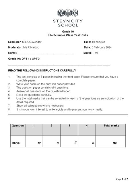 Grade 10 Class Test 1 Qp Term 1 Content Ieb Grade 10 Life Sciences