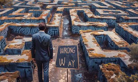 Businessman In A Suit Facing A Wrong Way Sign At The Entrance Of A