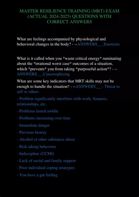 Master Resilience Training Mrt Exam Actual Questions With Correct Answers Master