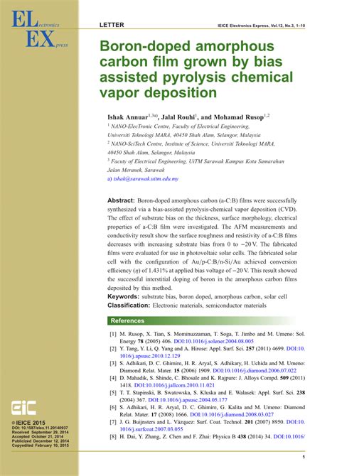 Pdf Boron Doped Amorphous Carbon Film Grown By Bias Assisted Pyrolysis Chemical Vapor Deposition