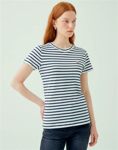 포스티 23ss 헤지스 여성 네이비 스트라이프 면 반팔티셔츠hsts3bl57n2
