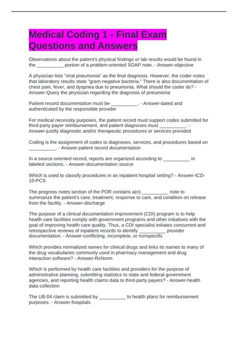 Medical Coding 1 Final Exam Questions And Answers Medical Coding Stuvia US