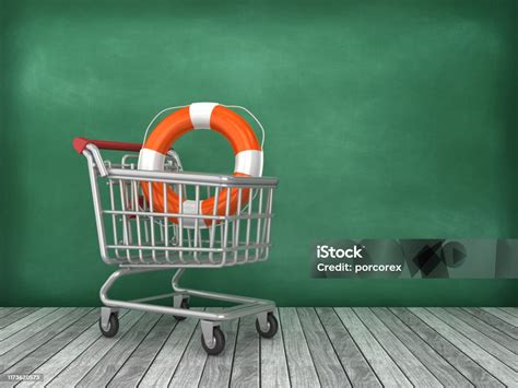 칠판 배경에 구명 벨트가있는 쇼핑 카트 3d 렌더링 3차원 형태에 대한 스톡 사진 및 기타 이미지 3차원 형태 Sos 가계 Istock