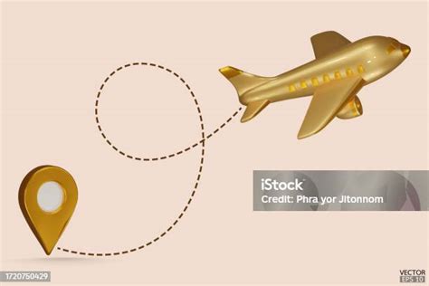 3d 만화 금 비행기가 날고 점선 흔적을 남깁니다 비행기 노선 경로 경로 시작 골드 포인트와 점선 추적에서 여행하십시오 여행 벡터 아이콘입니다 3d 벡터 그림입니다 금색에