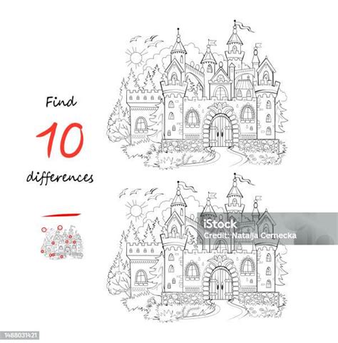 10 개의 차이점을 찾으십시오 중세 성곽의 흑백 그림 어린이와 성인을 위한 논리 퍼즐 게임 아이들 수수께끼 책을위한 페이지입니다 계산 기술 개발 플랫 벡터 그리기