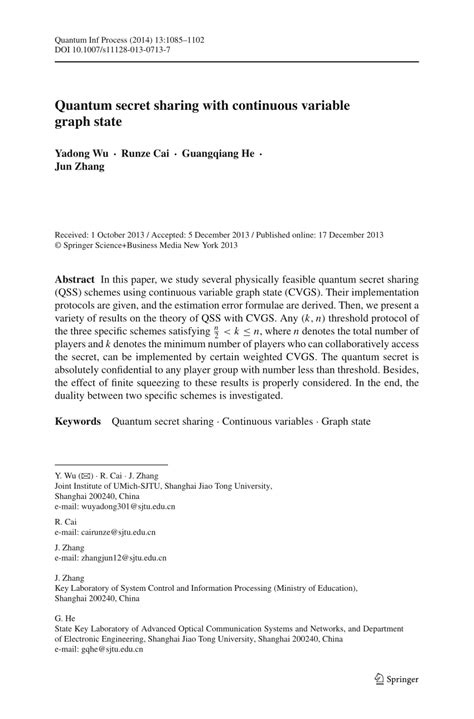 Pdf Quantum Secret Sharing With Continuous Variable Graph State