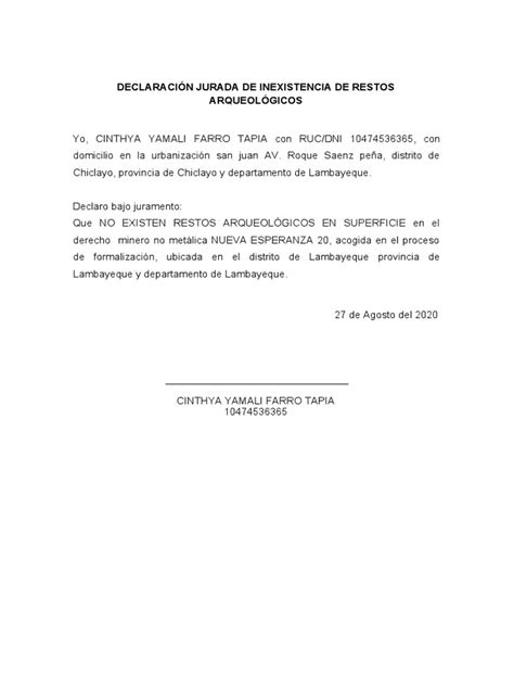 declaración jurada de inexistencia de restos arqueológicos pdf