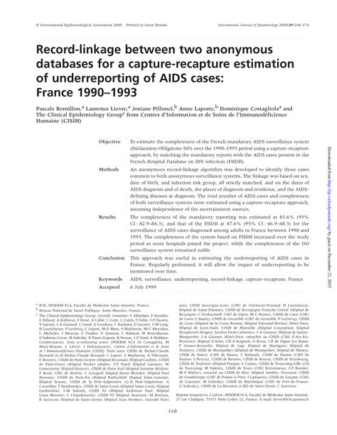 Pdf Record Linkage Between Two Anonymous Databases For A Capture Recapture Estimation Of