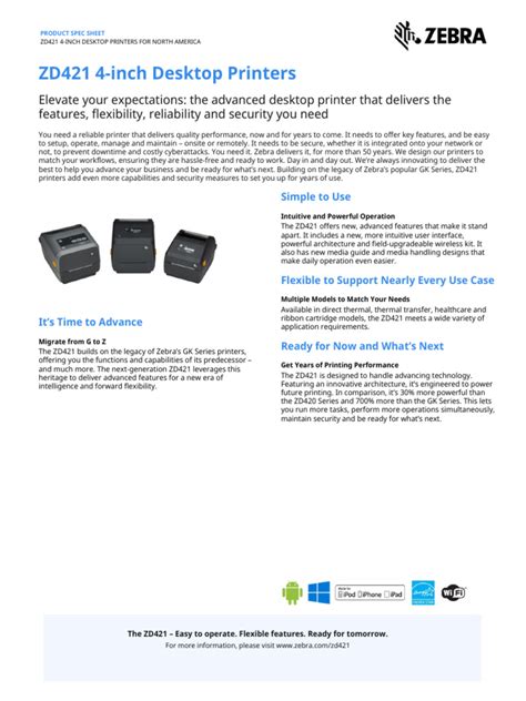 Zd421 Series Spec Sheet En Us Pdf Printer Computing Mobile App