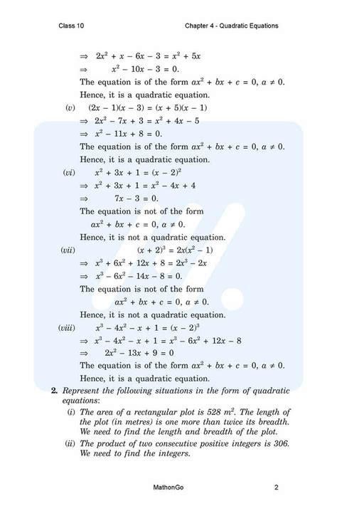 NCERT Solutions for Class 10 Maths Chapter 4 – Quadratic Equations – MathonGo
