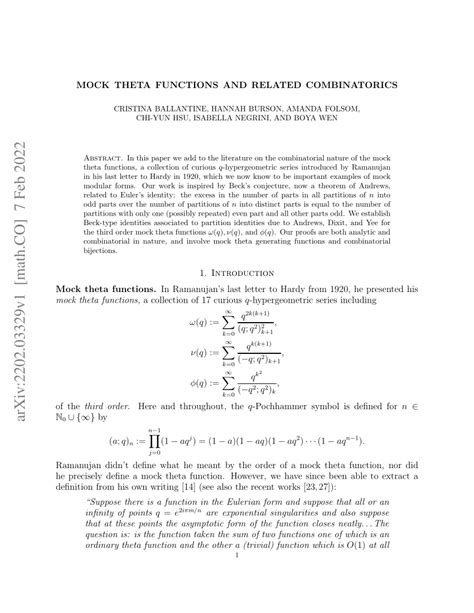 Pdf Mock Theta Functions And Related Combinatorics