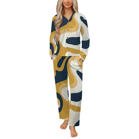 Abstract Mustard Navy Swirls Art Womens Pyjamas Set Button Up Pyjamas