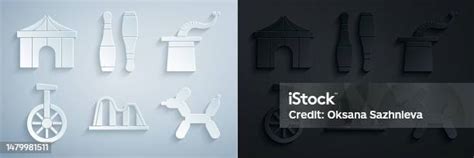 롤러 코스터 마술사 모자 외발 자전거 또는 한 바퀴 자전거 풍선 개 볼링 핀 및 서커스 텐트 아이콘을 설정합니다 벡터 1에 대한 스톡 벡터 아트 및 기타 이미지 Istock