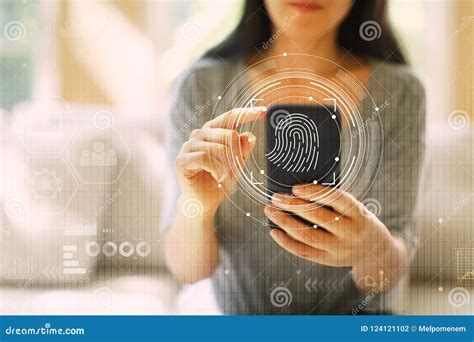 Fingerprint Scanning Technology With Woman Using A Smartphone Stock Photo Image Of Home Couch