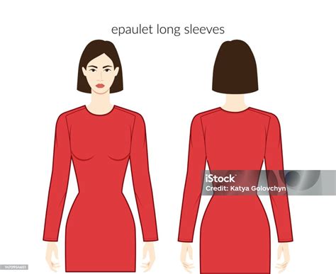 견장 소매 긴 길이 옷 캐릭터 빨간 탑 셔츠 드레스 테크니컬 패션 일러스트에 아름 다운 아가씨 몸에 맞는 플랫 의류 템플릿 앞면 뒷면 여성 남성 남녀 공용 Cad 모형 T