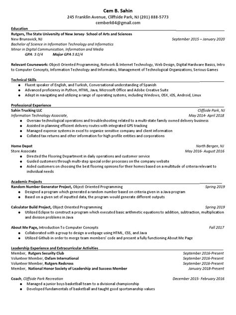 Cem Sahin Resume Fall 2019 Pdf Java Programming Language Computer Program