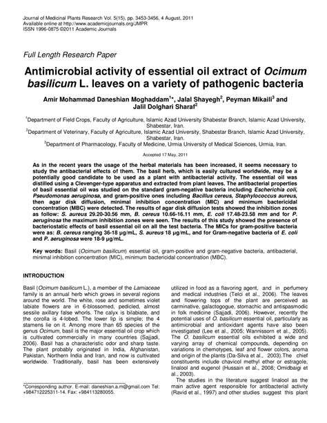 Pdf Antimicrobial Activity Of Essential Oil Extract Of Ocimum Basilicum L Leaves On A Variety
