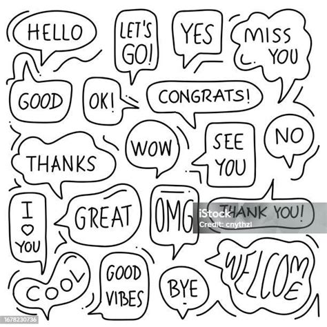 트렌디한 손으로 그린 말풍선 세트와 손으로 쓴 짧은 문구 통신 개념입니다 안녕하세요 예 아니요 환영합니다 안녕 고마워요 축하합니다 멋지다 좋아 안녕에 대한 스톡 벡터 아트