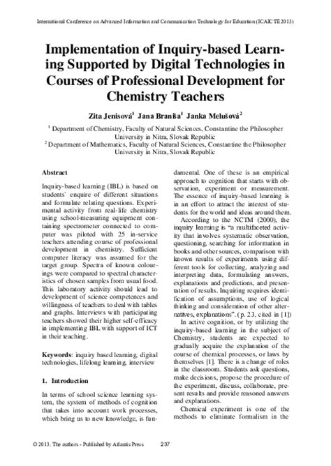 Pdf Implementation Of Inquiry Based Learning Supported By Digital Technologies In Courses Of