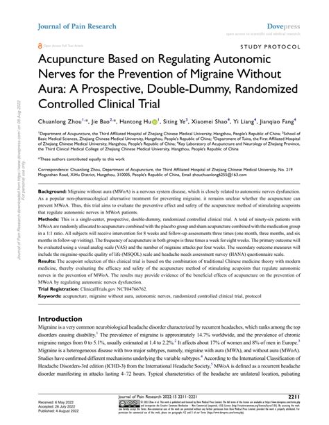 Pdf Acupuncture Based On Regulating Autonomic Nerves For The Prevention Of Migraine Without