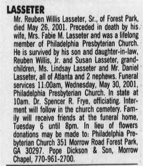 Obituary For Reuben Willis Lasseter