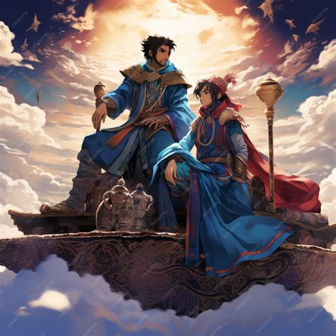 Premium Ai Image Aladdin With Princess Sitting Fantasy Clouds