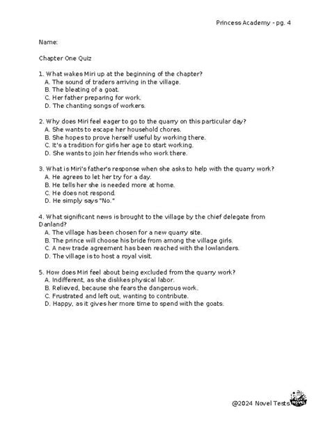 Princess Academy Multiple Choice Chapter Comprehension Quiz Tests [no Prep] 5qc