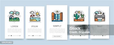 가로 모바일 앱 화면이 설정됩니다 다리 숲 정원 화산 컬러 웹 아이콘이있는 풍차 수직 배너 개체 그룹에 대한 스톡 벡터 아트 및 기타 이미지 Istock