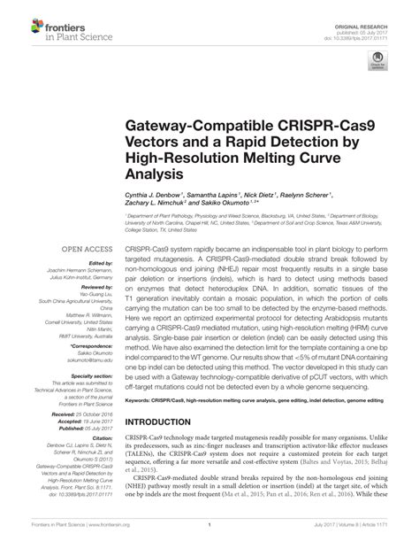 Pdf Gateway Compatible Crispr Cas9 Vectors And A Rapid Detection By High Resolution Melting