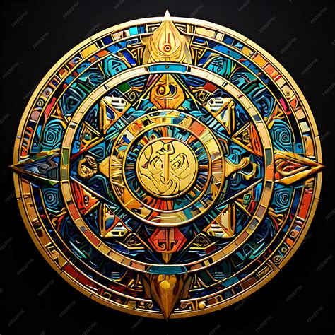 A Gold Coin With A Geometric Pattern Surrounded By Abstract Shapes And Colors Premium Ai