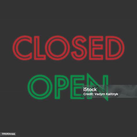 열고 닫힌 문 네온 기호입니다 상점 상점 카페 호텔 사무실에 대한 빛 기호로 인쇄합니다 정보 아이콘 가까운에 대한 스톡 벡터
