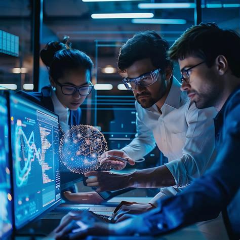 team of data analysts working together on computer screens to analyze