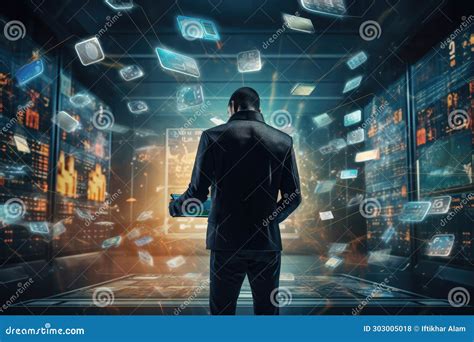 back view of businessman working with tablet in dark room with binary