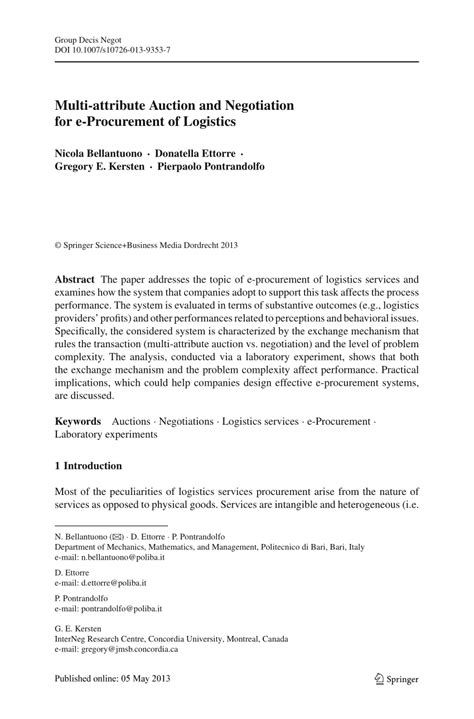 Pdf Multi Attribute Auction And Negotiation For E Procurement Of Logistics