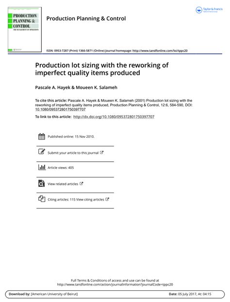 Pdf Production Lot Sizing With The Reworking Of Imperfect Quality Items Produced