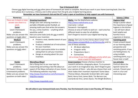 Spring 2 Y6 Homework Grid